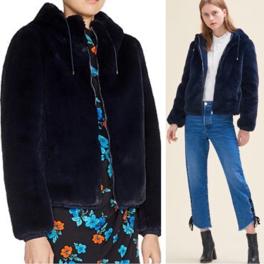 Maje Blue - Navy Faux Fur Hooded Bomber Style Jacket … - Gem